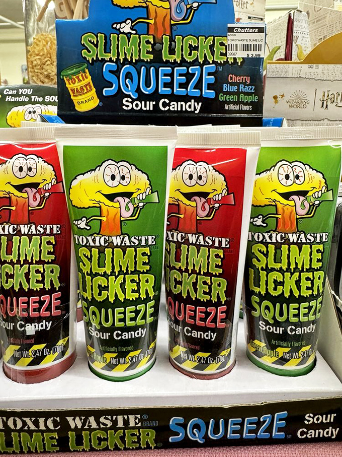 "Toxic Waste" sour candies dare you to pucker up. The ultimate test of childhood bravery comes in these neon squeeze bottles.