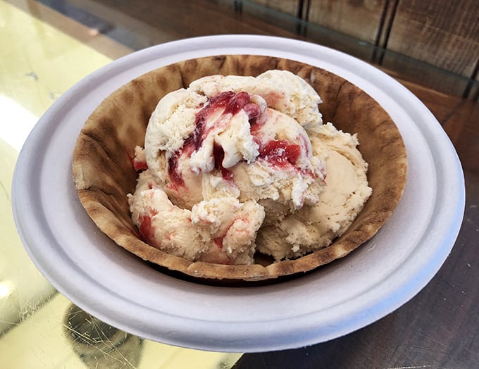 Berry cheesecake perfection in a waffle bowl. When fruit and dairy have a love affair, this creamy, swirled masterpiece is their beautiful offspring.