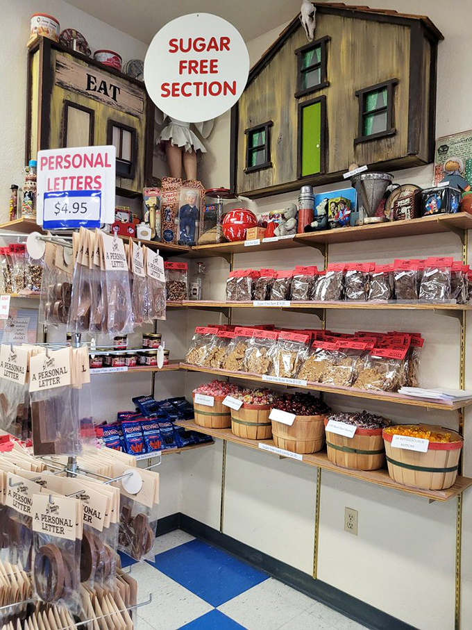 Even the sugar-free section doesn't skimp on charm, with its whimsical decorative houses and baskets of guilt-free indulgences.