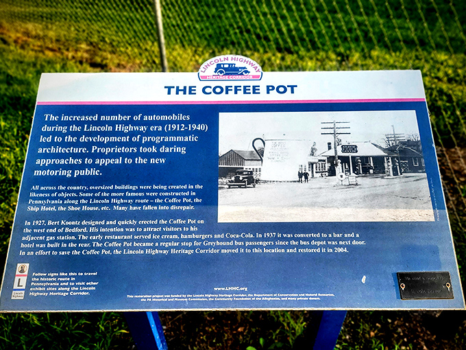 History brewed to perfection&mdash;this informational plaque reveals The Coffee Pot's journey from 1920s roadside diner to beloved Lincoln Highway landmark.
