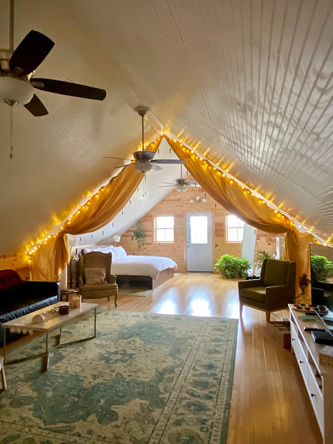 The Winery Loft redefines "room with a view." With twinkling lights and dreamy drapes, it's the kind of place that makes you whisper instead of talk.