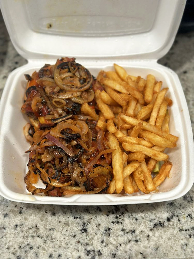 Caramelized onions cascade down this burger like lava from a meat volcano. The "Triple D" delivers a flavor explosion that would make even Guy Fieri speechless.