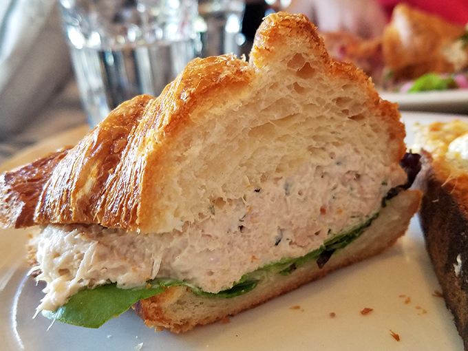 This isn't just a sandwich; it's architecture. The croissant's structural integrity somehow supports tuna salad while maintaining its delicate, buttery essence.