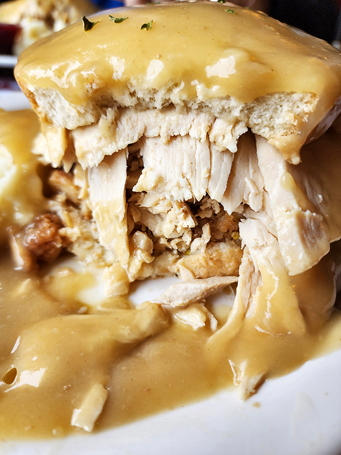 Turkey so tender it practically surrenders to your fork, while gravy cascades like a delicious amber waterfall.
