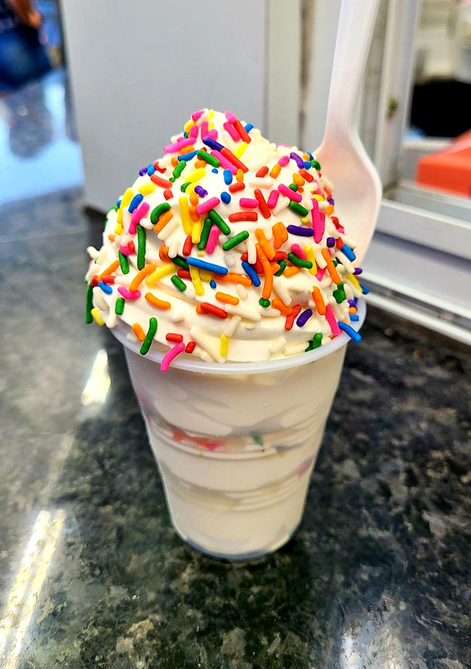 Sprinkle-coated vanilla custard: proof that sometimes happiness is simply childhood nostalgia in a perfectly swirled cup.