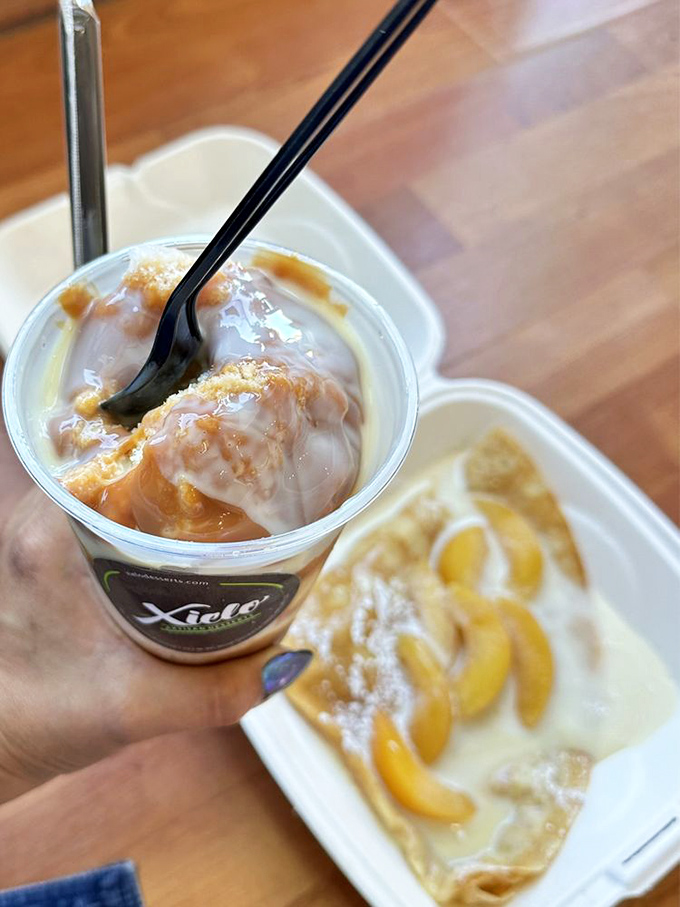 Dessert double-header! Creamy vanilla goodness paired with a fruit-topped crepe creates the ultimate sweet team.