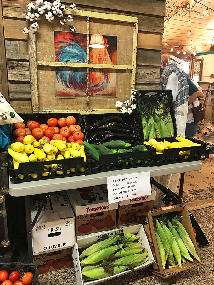 Farm-to-flea-market freshness! Local produce stands bring vibrant colors and garden-fresh options alongside a rooster painting that's pure country chic.