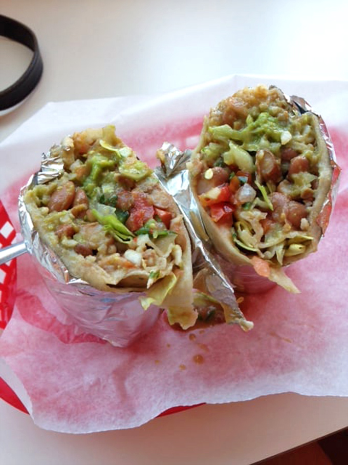 Who says vegetarians miss out? This veggie burrito packs more flavor and texture than most carnivorous options elsewhere. Green goodness wrapped in tortilla gold.