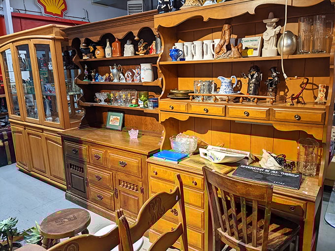 Grandma's china cabinet got an upgrade! These wooden hutches display everything from vintage mugs to southwestern figurines with equal dignity.