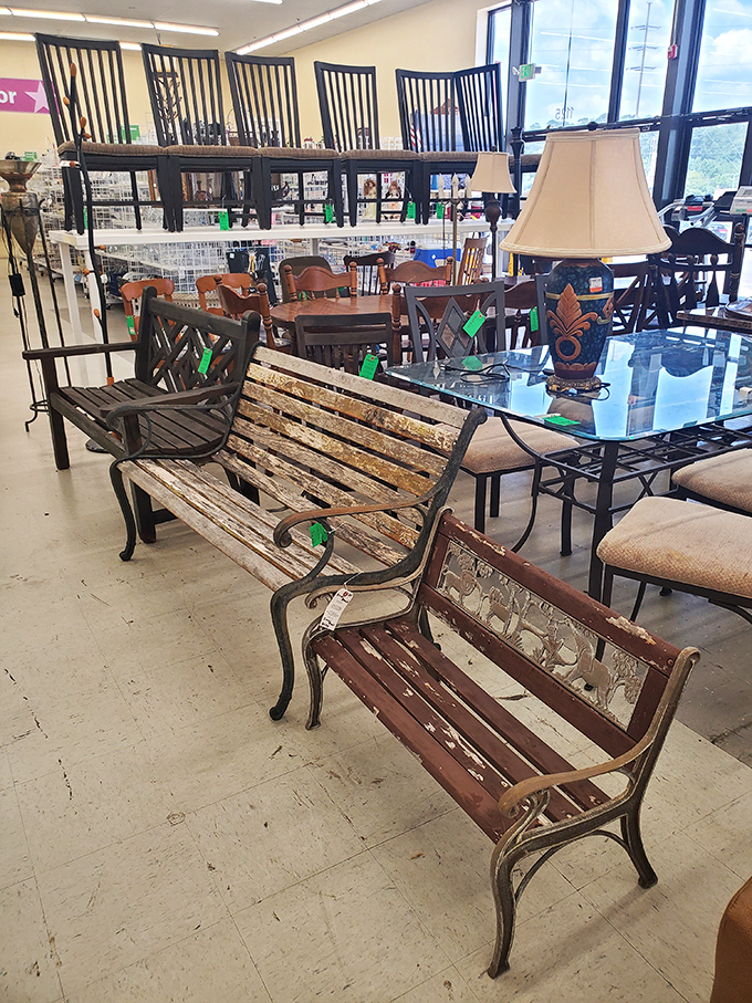 Garden benches and glass tables create an impromptu furniture showroom where someone's castoffs become your conversation pieces.