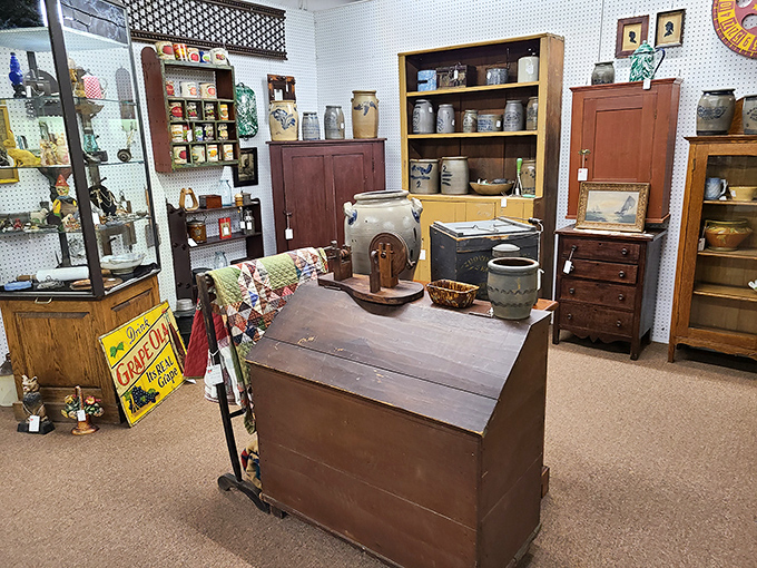 A time capsule of Americana where every wooden cabinet tells a story. That vintage advertising sign probably sold snake oil, but charmingly so.