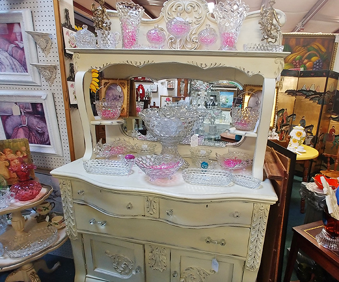 A shabby-chic dresser transformed into a crystal kingdom. Somewhere, your grandmother is nodding in approval at this perfect marriage of function and sparkle.
