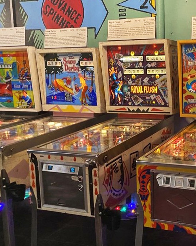 Vintage machines from the golden age of pinball. Snow Derby and Royal Flush await your quarters like old friends at a reunion.