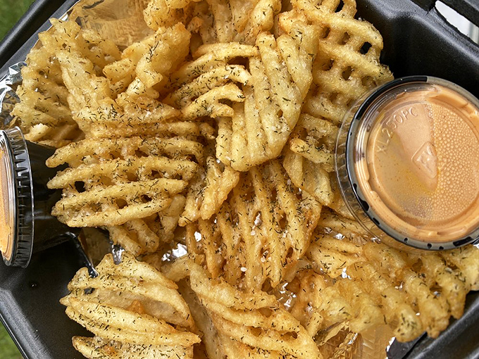 Waffle fries with seasoning that clings to every ridge and valley&mdash;the perfect vehicle for sopping up any sauce that dares escape your sandwich. 