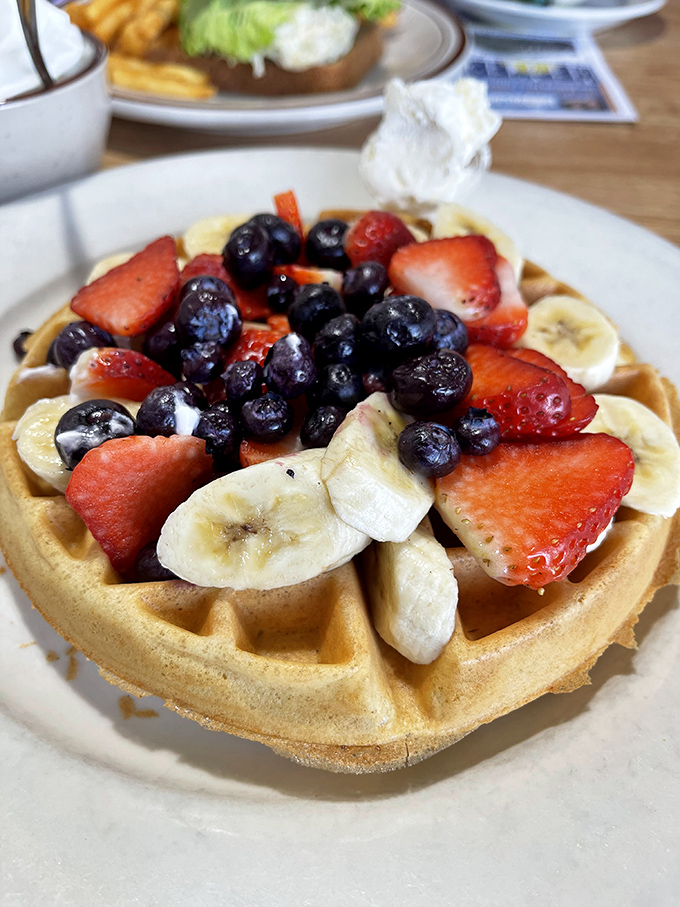 Breakfast becomes art when a golden waffle serves as canvas for nature's candy. Fresh berries and bananas transform morning fuel into something worth waking up for.