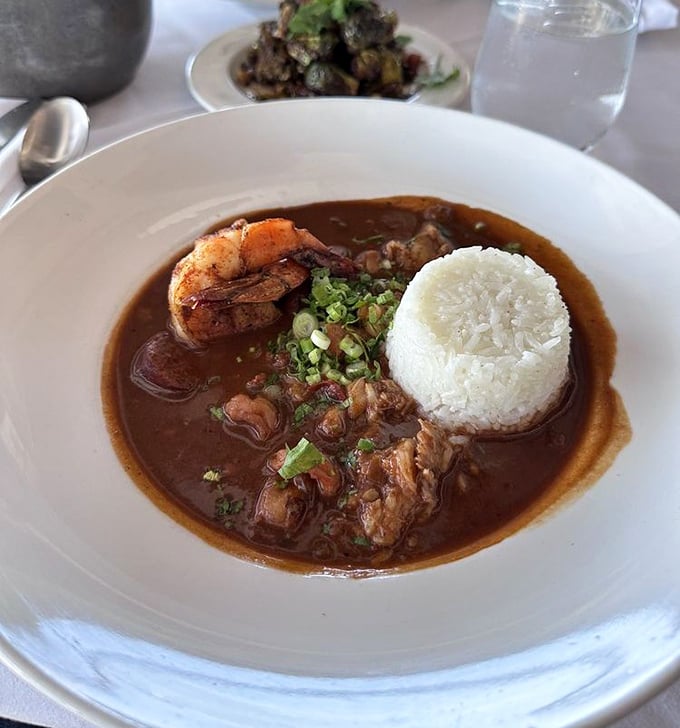 Gumbo that could make New Orleans jealous &ndash; rich, complex flavors dancing around tender seafood and a perfectly formed rice island.