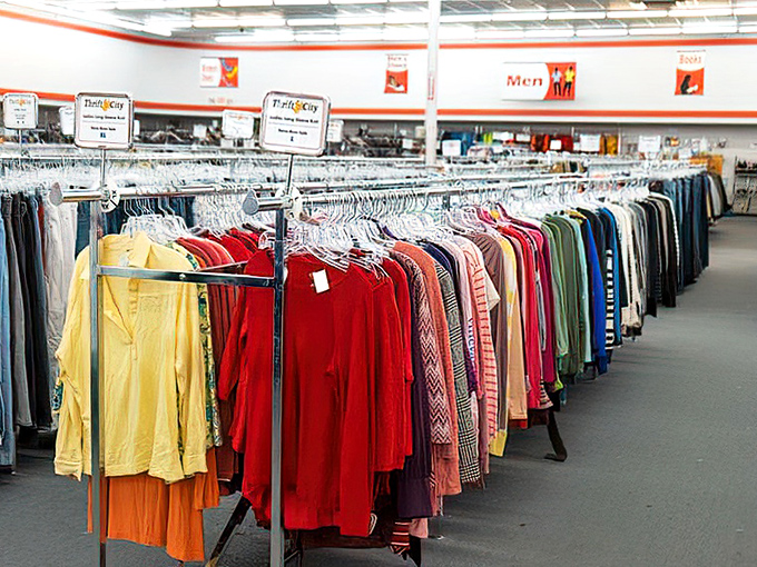Men's shirts arranged by color create a retail rainbow. Finding that perfect button-down here feels like striking gold&mdash;without the prospecting permit.