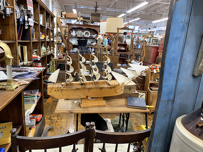 This miniature sailing vessel never braved actual seas, but it's certainly navigated decades to dock perfectly in this display.