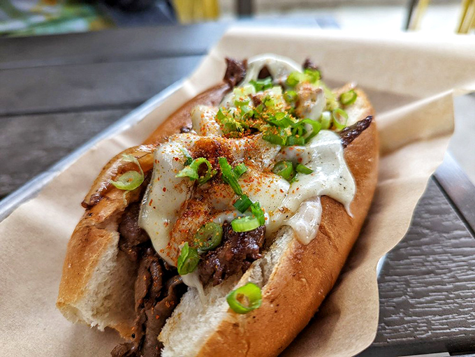 The Yakiniku Sando isn't just a sandwich&mdash;it's architecture. Layers of savory beef, creamy sauce, and green onions create a skyscraper of flavor.