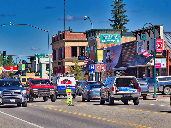 Downtown Driggs, where the traffic light is more suggestion than command. The mountains looming in the background remind you what "perspective" really means.