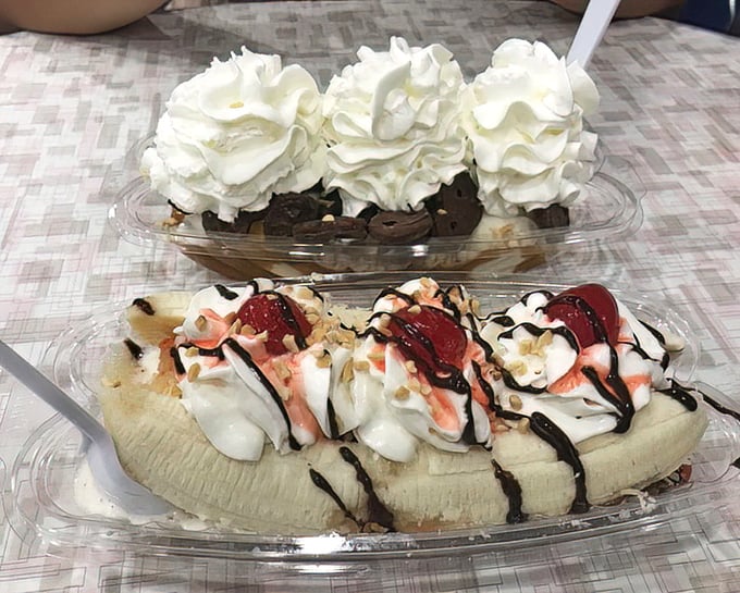 The banana split below looks like it's auditioning for a dessert beauty pageant, while the sundae above is showing off with enough whipped cream to make a dairy cow proud.