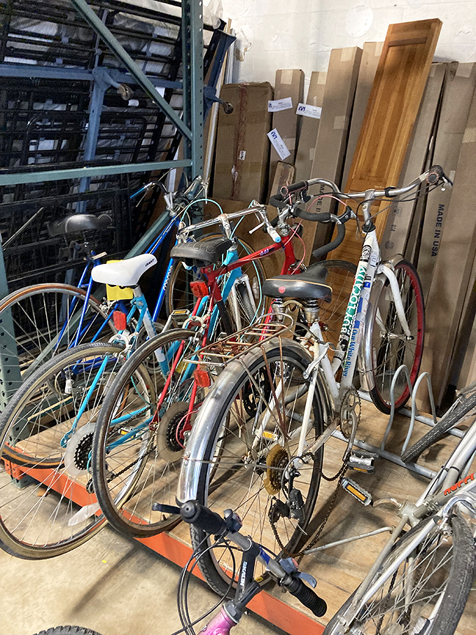 Bicycle heaven for the budget-conscious cyclist. That blue vintage cruiser is practically begging for a basket and a scenic riverside ride.