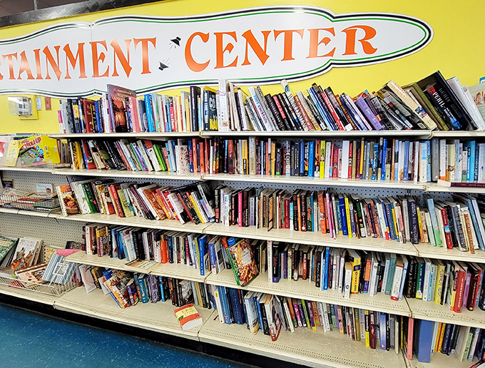 The "Entertainment Center" isn't lying&mdash;these shelves are basically Netflix before streaming existed. Literary treasures await the patient browser.