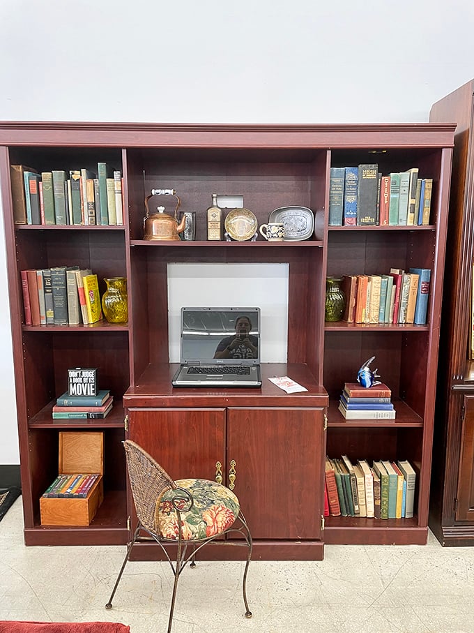 A bookshelf that doubles as a time capsule, complete with vintage volumes and the kind of craftsmanship IKEA instructions can only dream about.