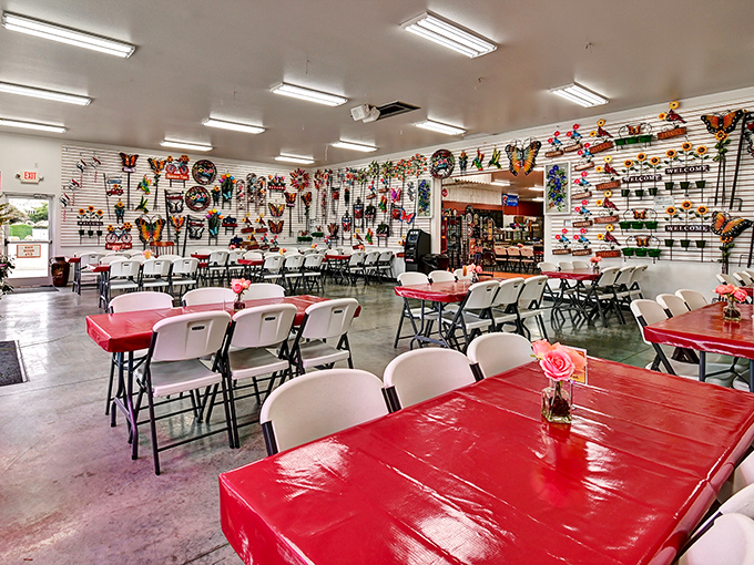 The caf&eacute; area's vibrant red tables and butterfly-adorned walls create the perfect pit stop. Shopping is hungry work, after all.