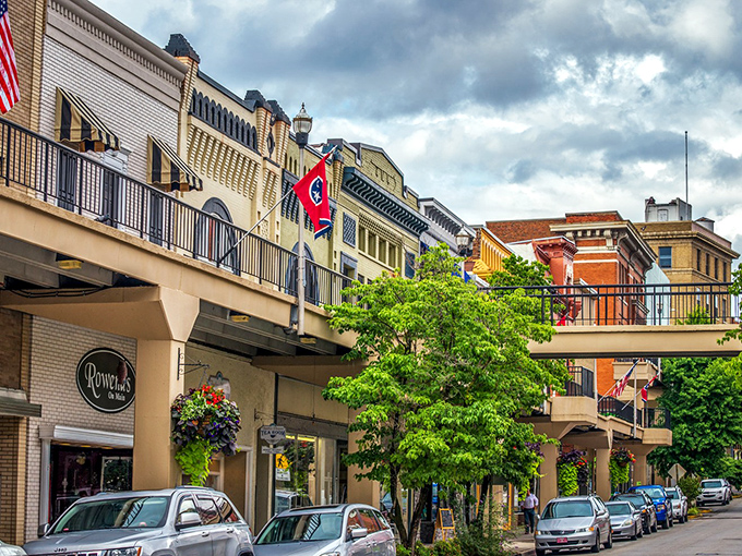 Tennessee pride flies high above Morristown's historic district, where colorful facades and the overhead Skymart create a downtown straight out of a Norman Rockwell painting.