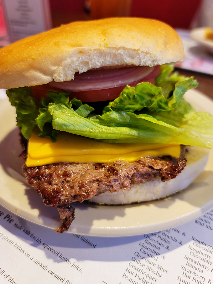 Behold the burger in its natural habitat&mdash;simple, honest, and perfectly proportioned. The cheese melts just right, like it's auditioning for a food commercial.