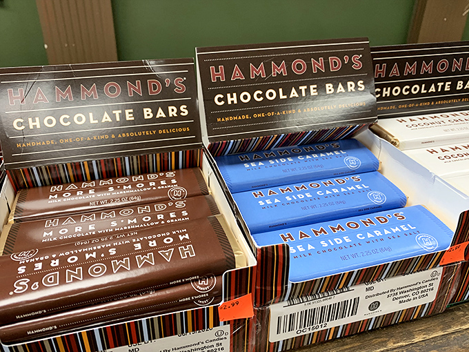 Hammond's chocolate bars lined up like edible art, promising handmade delights that make mass-produced candy bars seem like distant cousins.