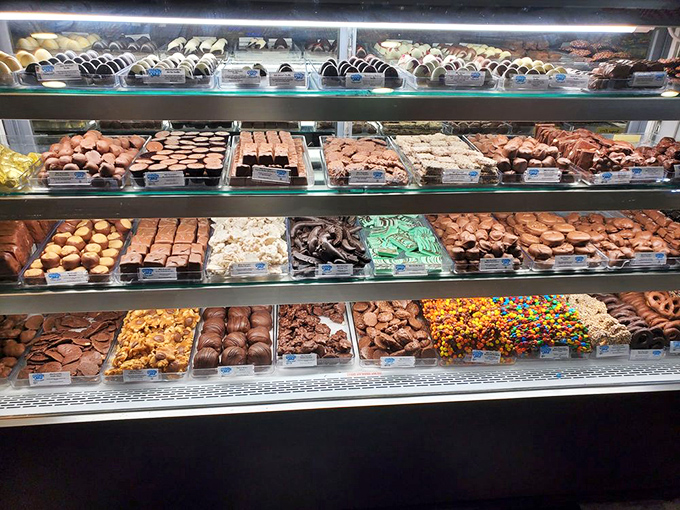 Chocolate heaven exists, and it's behind this glass. Truffles, fudge, and chocolate-covered everything arranged like edible jewelry in this sweet showcase.