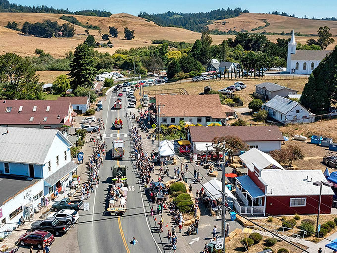 Main Street during festival season – where the only traffic jam you'll enjoy being stuck in involves crab cakes and local artisans.