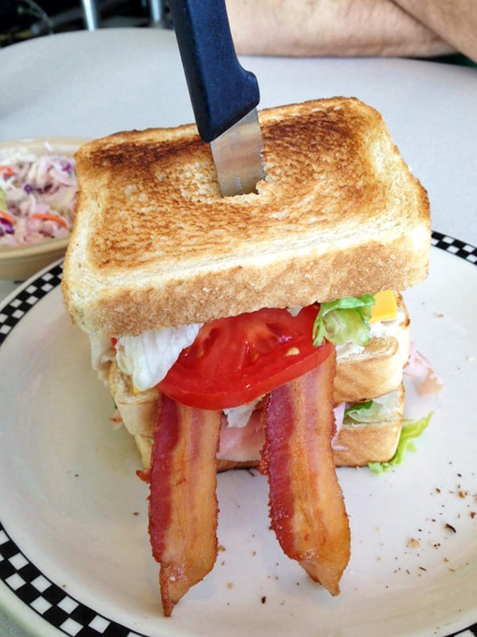 The club sandwich: architectural marvel of the diner world. Those perfectly arranged bacon strips are like load-bearing beams of deliciousness.