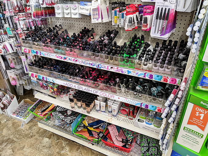 The cosmetics display&mdash;where beauty meets budget in perfect harmony. Nail polish colors named by someone clearly having more fun than the rest of us.