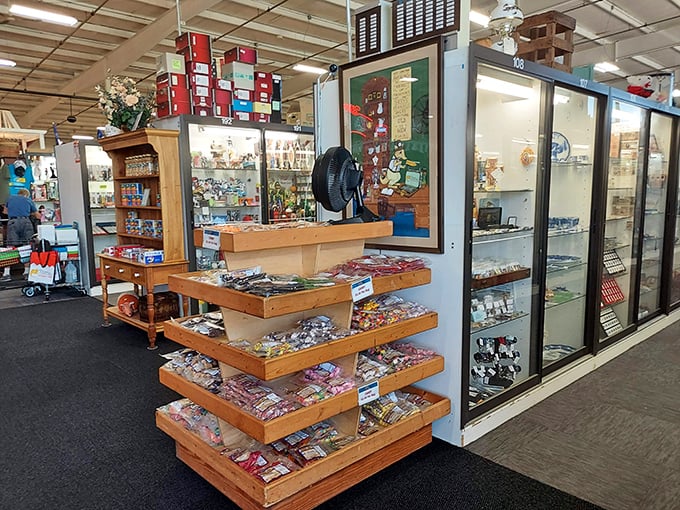 This candy store for collectors arranges temptation in tidy rows&mdash;wooden displays offering everything from vintage pins to yesterday's playthings. 
