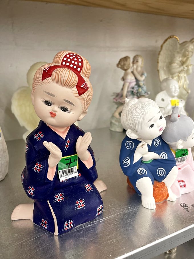 Porcelain figurines frozen in eternal politeness. These little ambassadors from grandma's curio cabinet now await adoption into your ironic or genuinely appreciative collection.