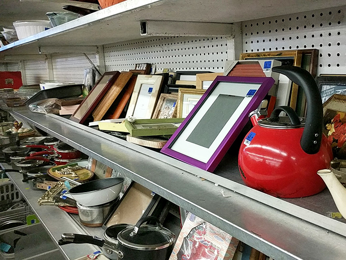 One person's forgotten decor is another's statement piece. That red kettle is practically begging to become the star of someone's kitchen.