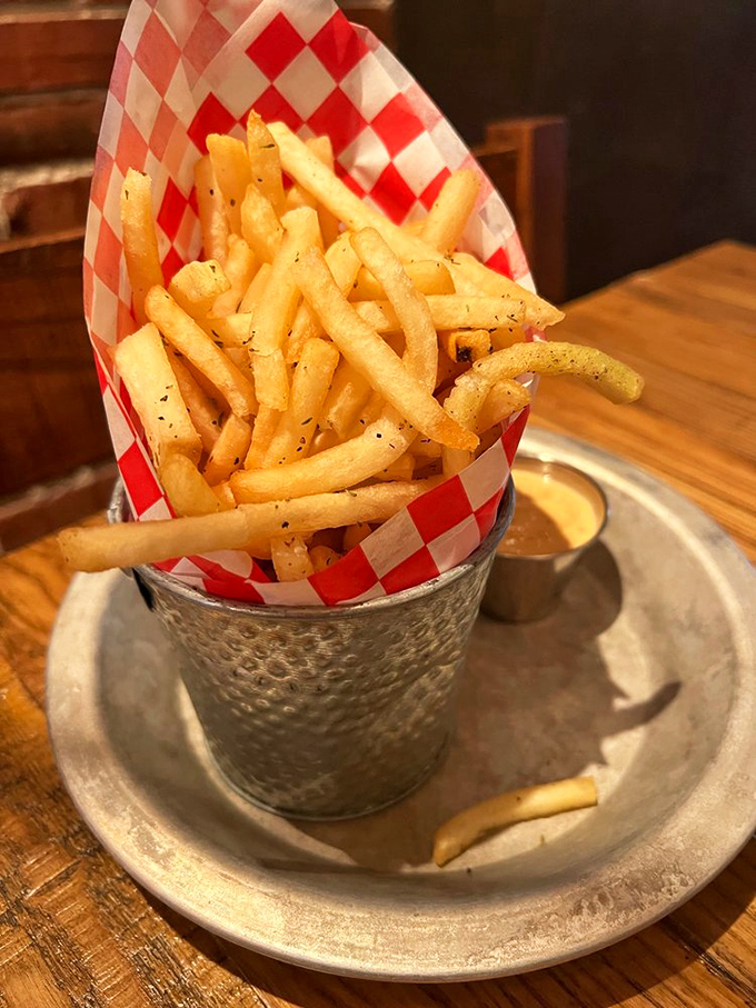 French fries served with military precision in their red-checkered paper uniform. The dipping sauce stands at attention, awaiting your command.