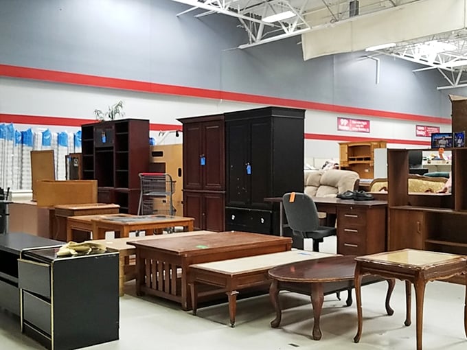 Solid wood furniture pieces stand at attention, their craftsmanship from bygone eras available for the price of particle board alternatives elsewhere.