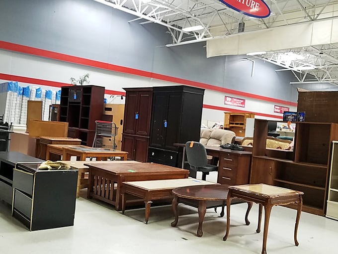 The furniture section: where mid-century modern meets "my grandmother had that exact hutch!" in a delightful time-traveling showroom.