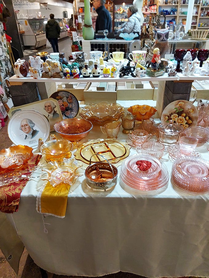 Depression glass heaven where every blush-colored dish and crystal goblet holds memories of grandma's special occasion table settings.