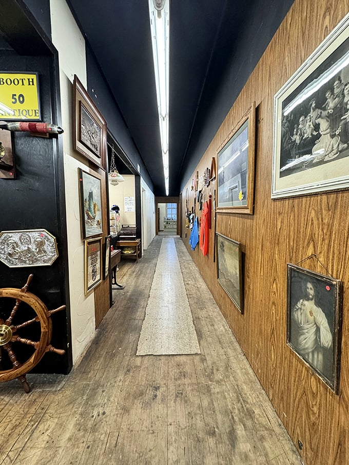 Down the rabbit hole you go! This narrow hallway lined with vintage art leads to specialized rooms where time stands perfectly still.