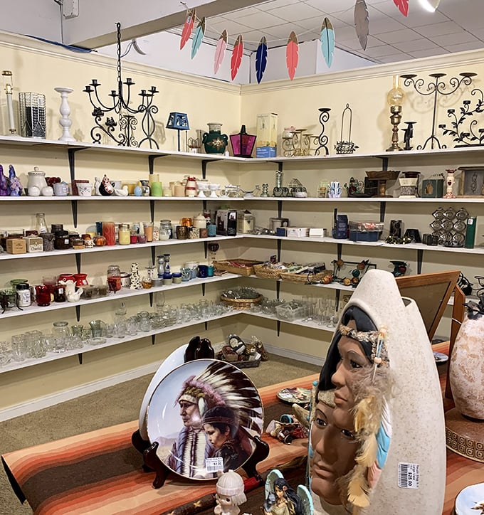 Home décor heaven with everything from tasteful candle holders to conversation-starting Native American art pieces. Someone's former treasures await new stories.