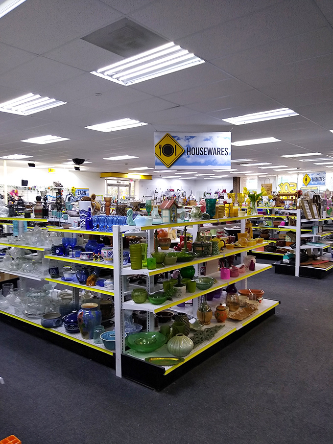 Glassware that spans decades sits side by side like a family reunion of tableware. That green pitcher is just begging to serve summer lemonade.