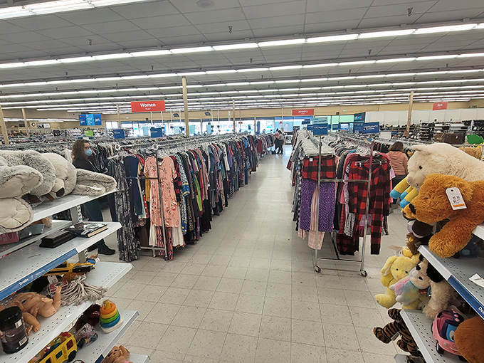 A textile rainbow stretches before you&mdash;each hanger a potential "where did you get that?" conversation starter waiting to happen.