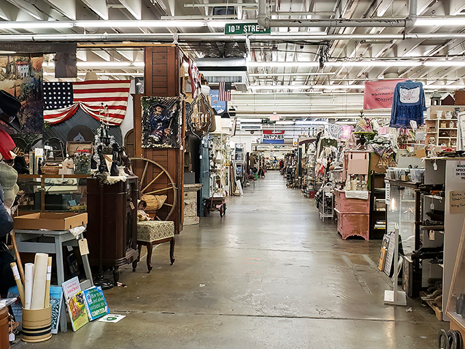 The "10th Street" sign hints at the mall's clever organization. Like a small town of treasures, complete with its own navigation system.