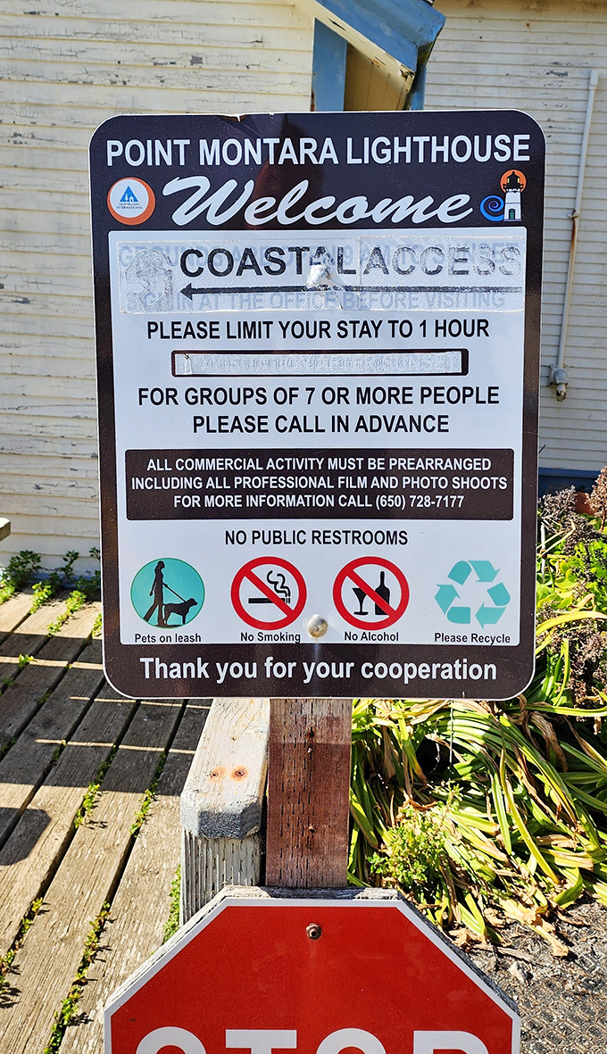 Rules of the lighthouse road. One hour seems criminally brief to absorb all this coastal magic, but hey, it's free admission to one of California's most charming historical sites.