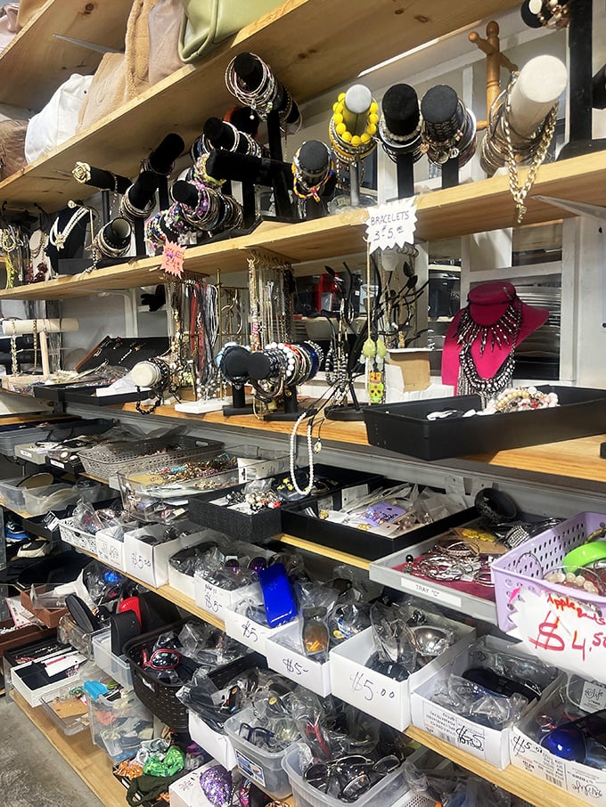 Jewelry displays sparkle with possibilities, offering everything from costume pieces to potential hidden gems at unbeatable thrift store prices.
